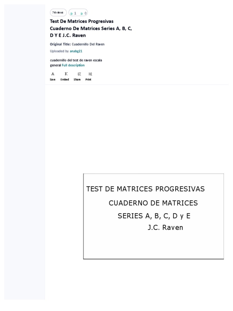 PDF Test de Matrices Progresivas Cuaderno de Matrices Series A B C D y ...