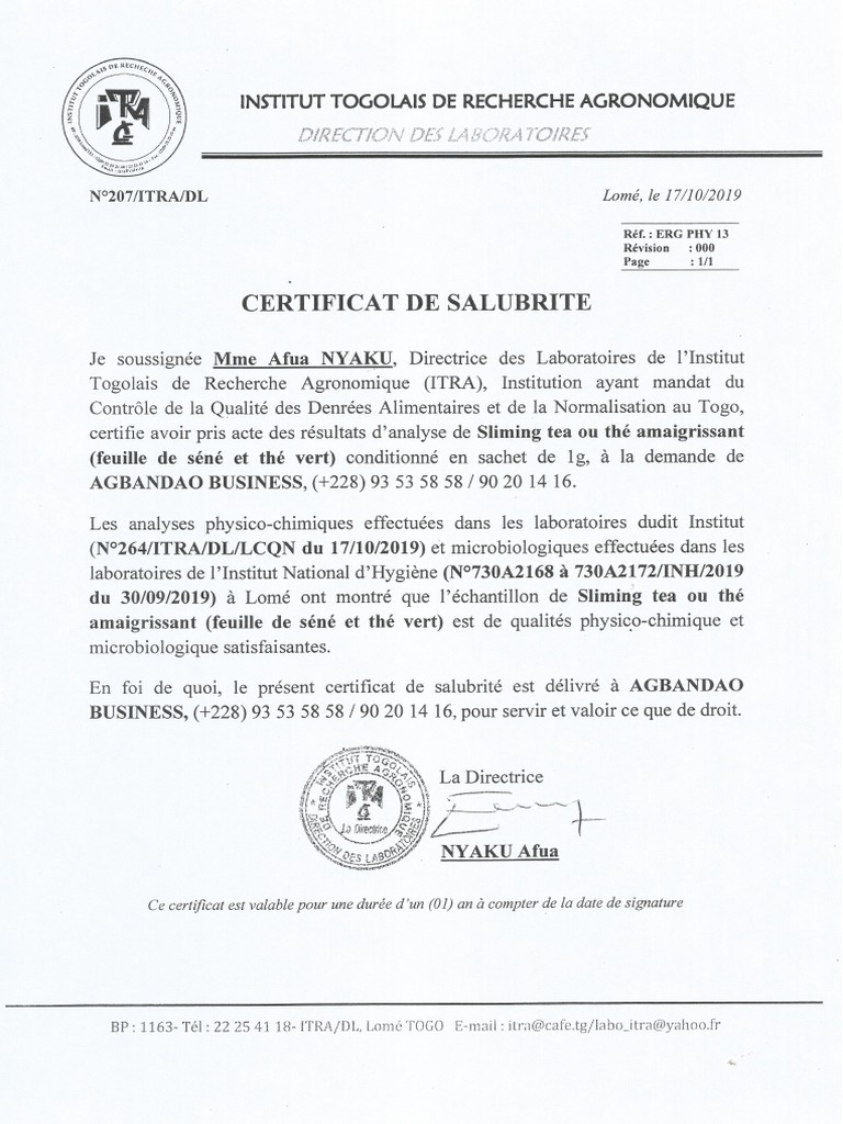 Certificat de Salubrité Sliming INTRA | PDF