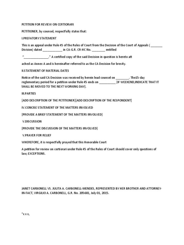 Template Petition For Review Rule 45 | PDF | Certiorari | Judgment (Law)