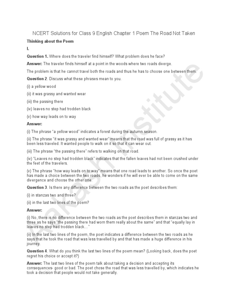 NCERT Solutions For Class 9 English Chapter 1 Poem The Road Not Taken | PDF