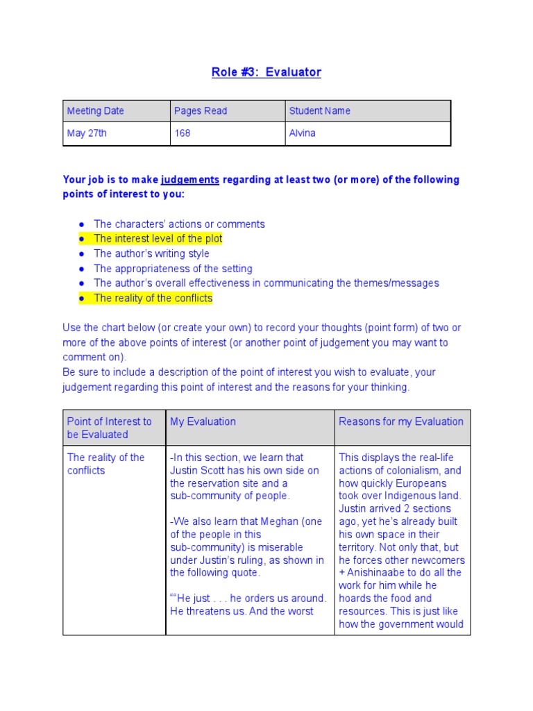 Lit Circle Role 3 Evaluator | PDF
