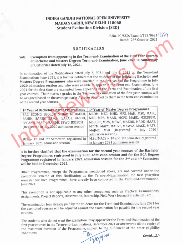 IGNOU Student Promoted Notification 2021 | PDF