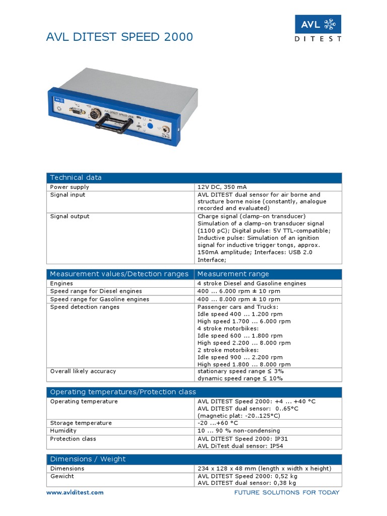 Spec Sheet AVL DITEST SPEED 2000 | PDF | Sensor | Manufactured Goods