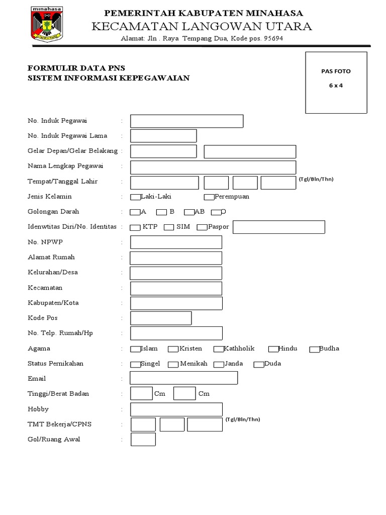 Blangko Kosong Formulir Isian Pegawai Negeri Sipil | PDF