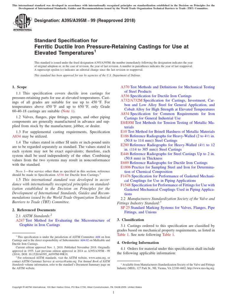 Astm A395-1999 (2018) | PDF | Pipe (Fluid Conveyance) | Casting ...