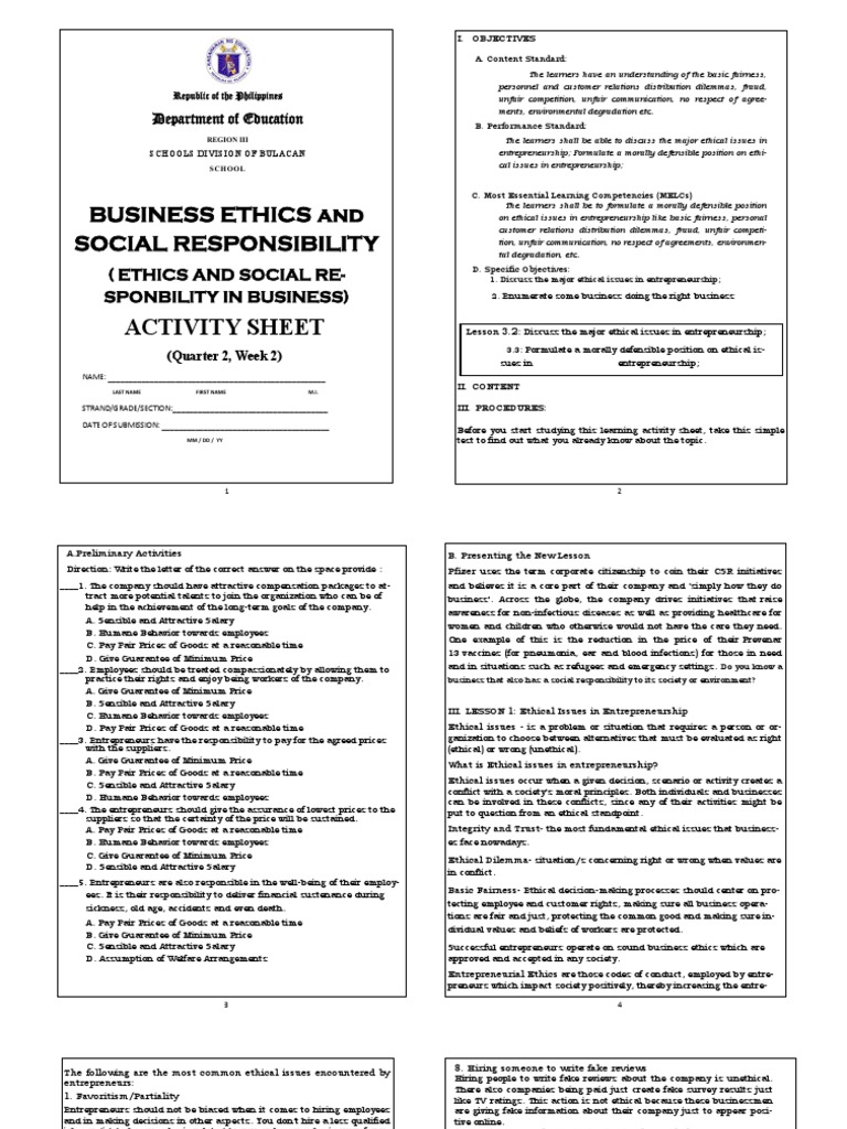 Activity Sheet: Business Ethics and Social Responsibility | PDF ...