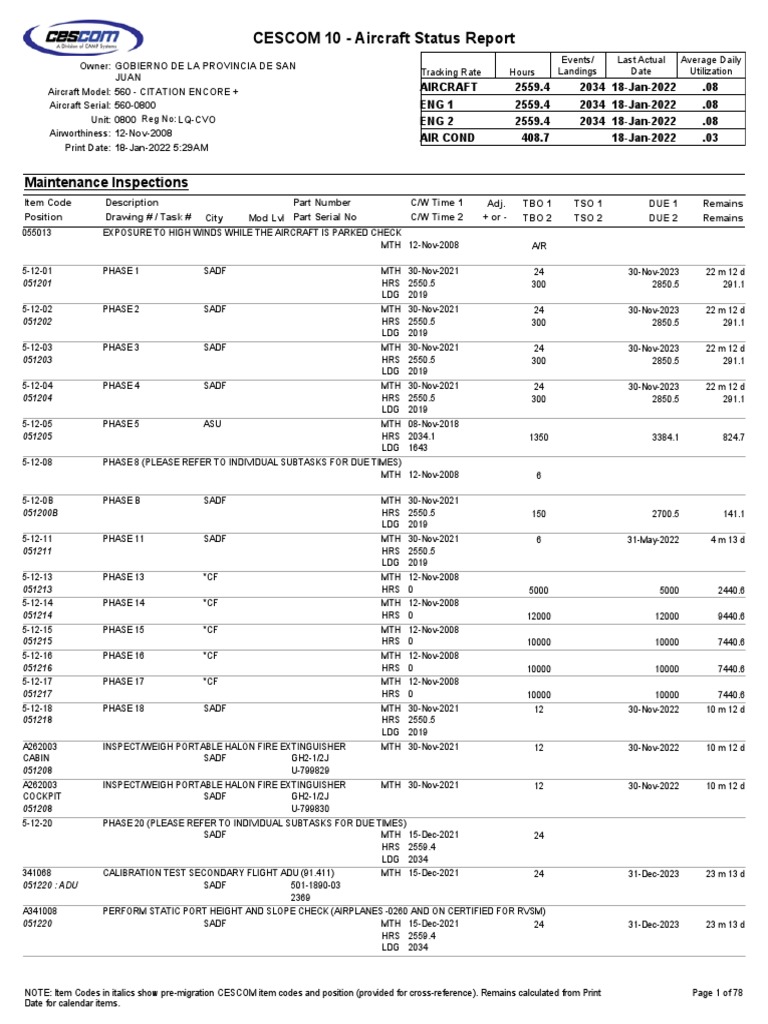 CESCOM 10 - Aircraft Status Report: Maintenance Inspections | PDF ...