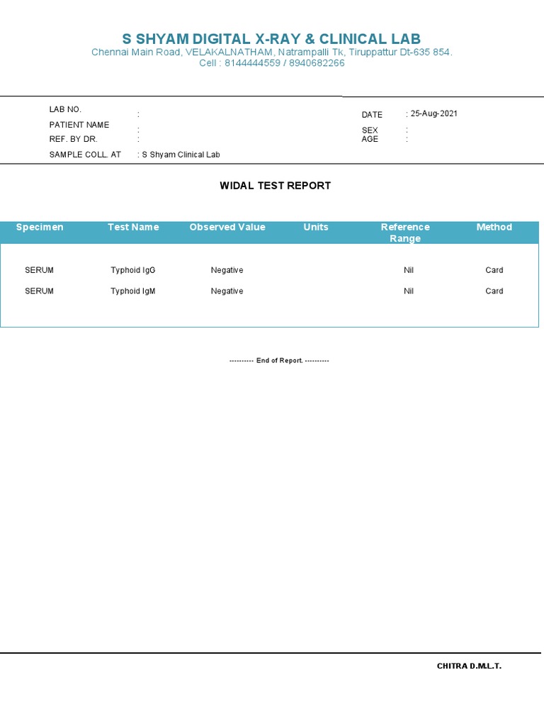 Widal Test Report - Negative Results | PDF
