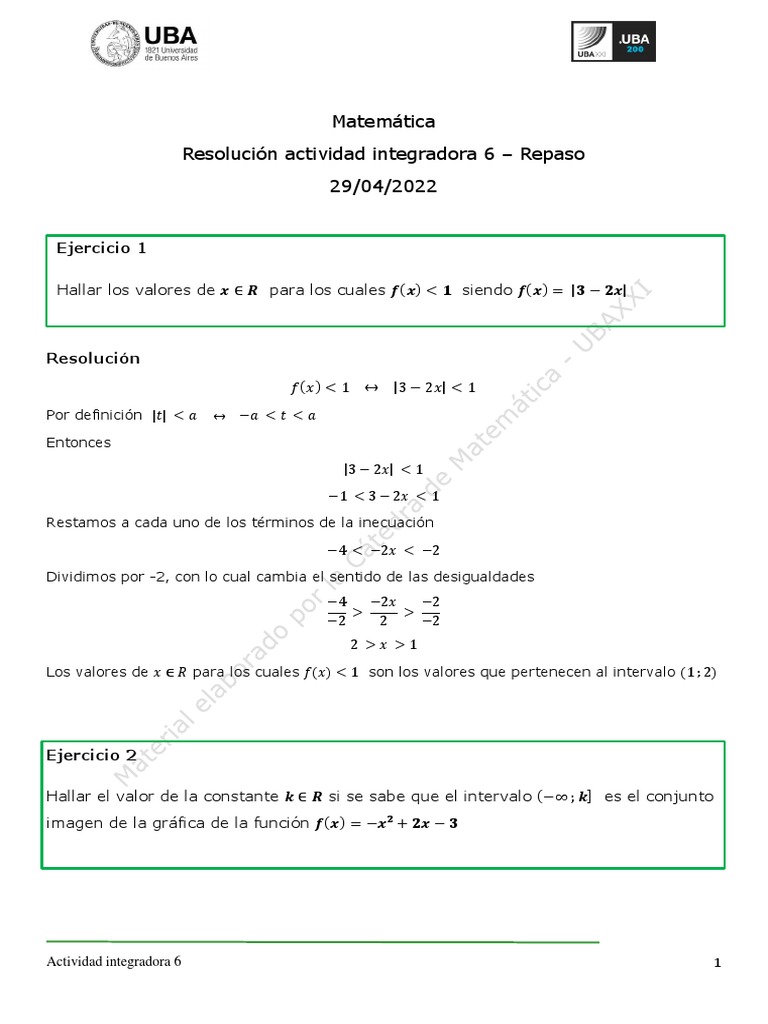 Resolucion Actividad Integradora 6 Matematica 29 04 22 | PDF | Intervalo (Matemáticas) | Álgebra ...
