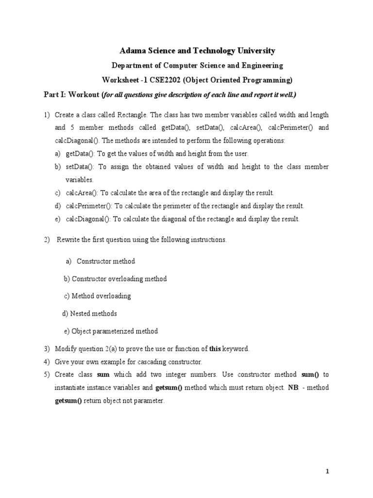 CSE2202 Worksheet1&2 | PDF | Method (Computer Programming) | Programming