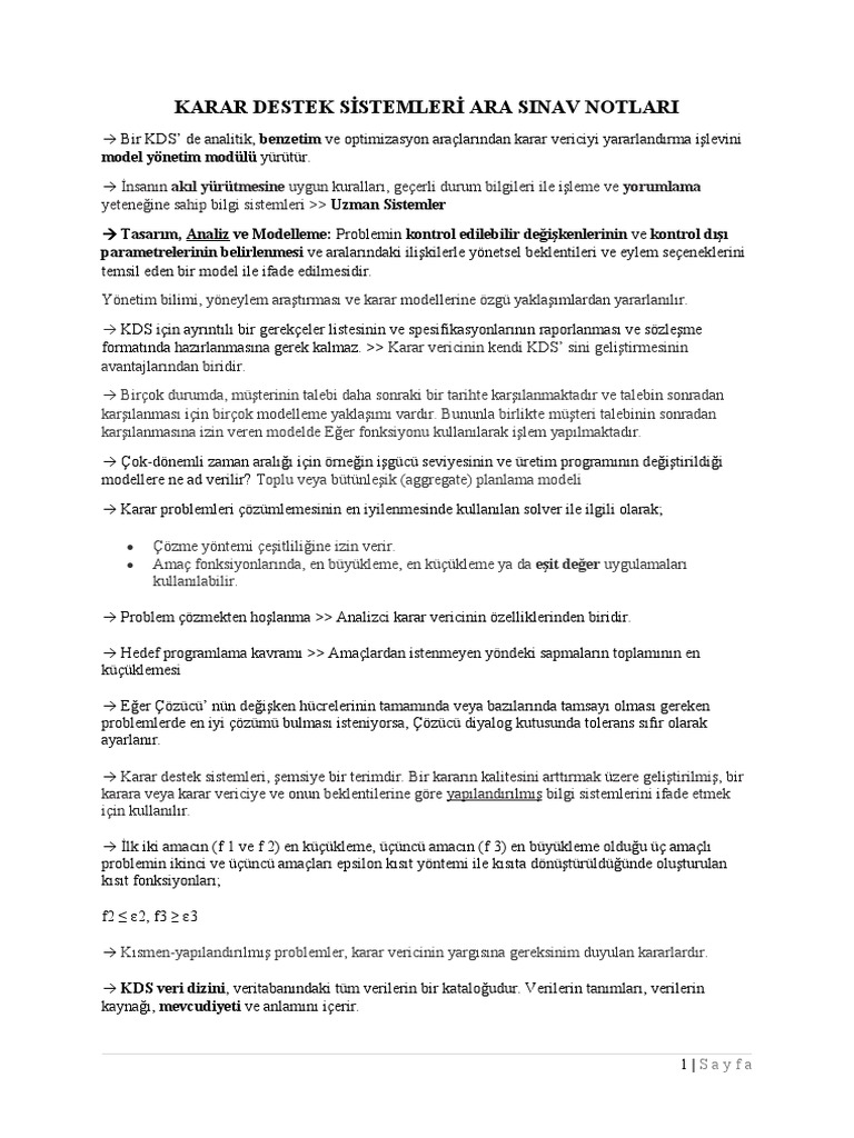 Karar Destek Si̇stemleri̇ Ara Sinav Notlari | PDF