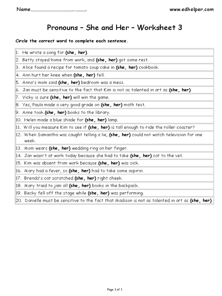 She and Her Pronouns Worksheet | PDF | Art