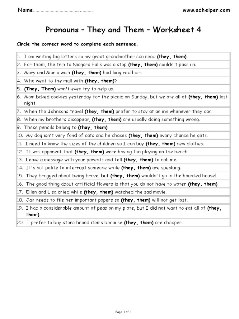 Edhelper Pronouns - They and Them - Worksheet 4 | PDF
