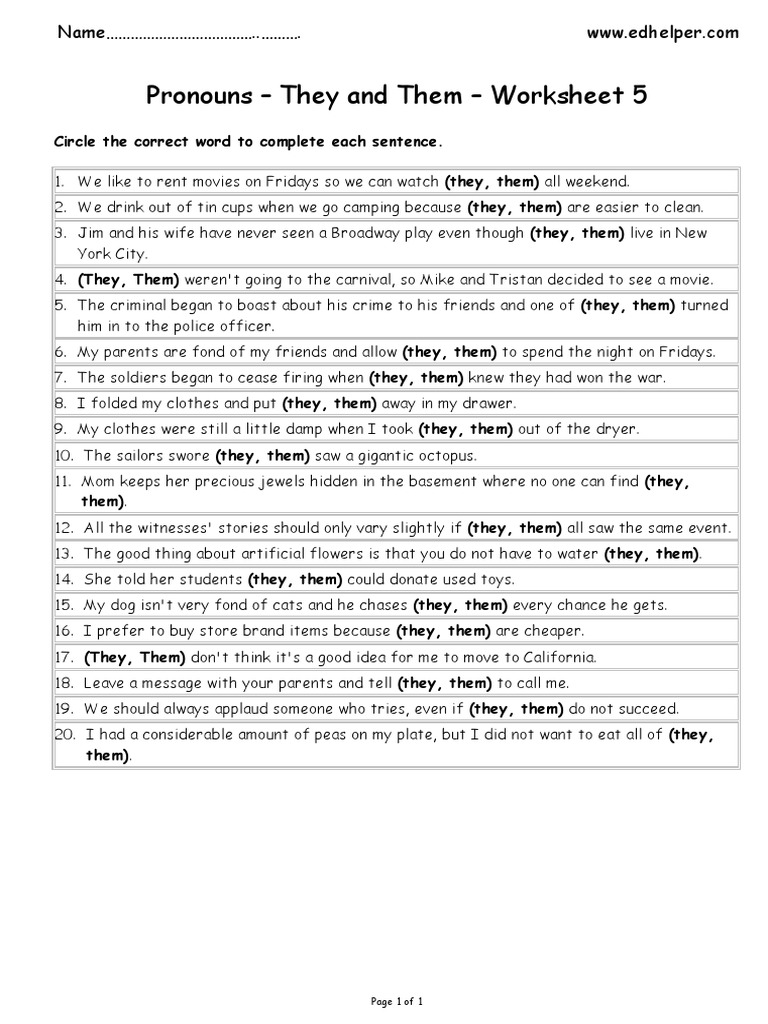 Edhelper Pronouns - They and Them - Worksheet 5 | PDF