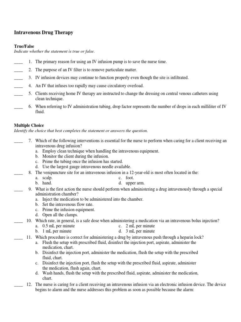 Intravenous Drug Therapy Quiz | PDF | Intravenous Therapy | Health Care