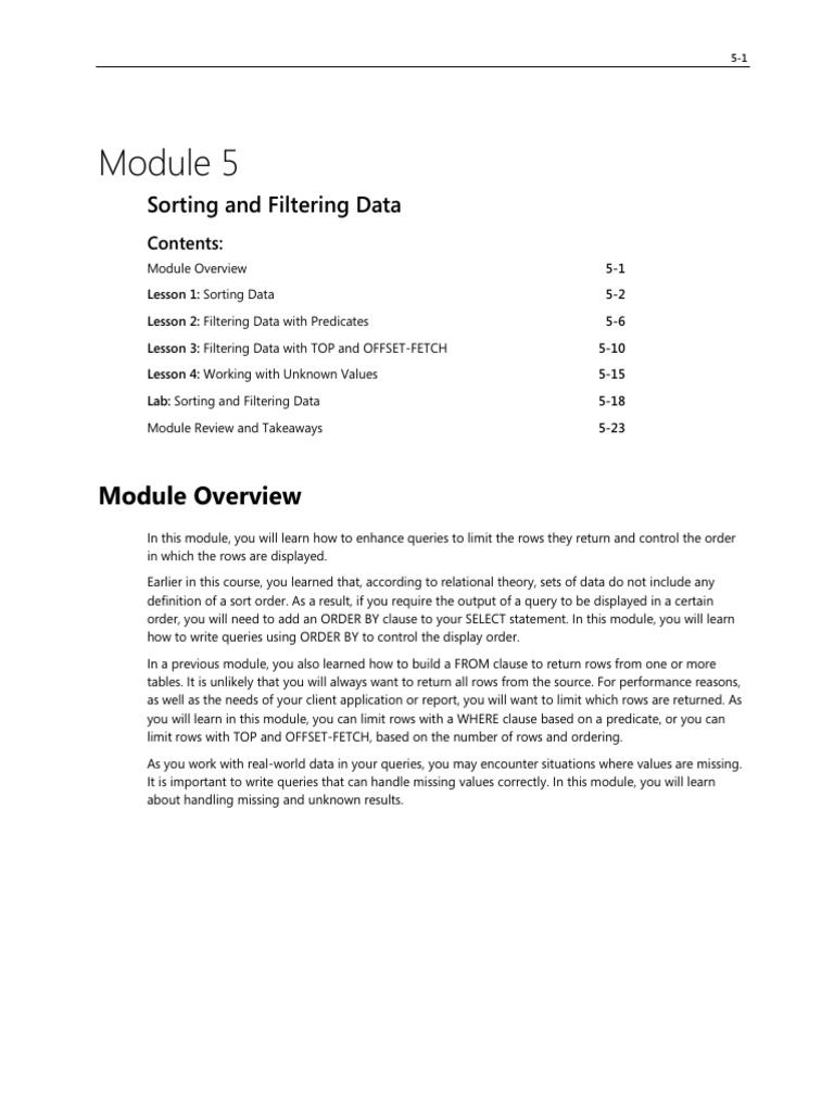 Sorting and Filtering Data: Module Overview | PDF | Microsoft Sql ...