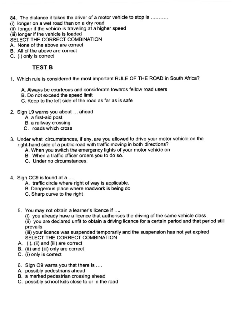 Test B Learners Licence | PDF | Traffic | Road