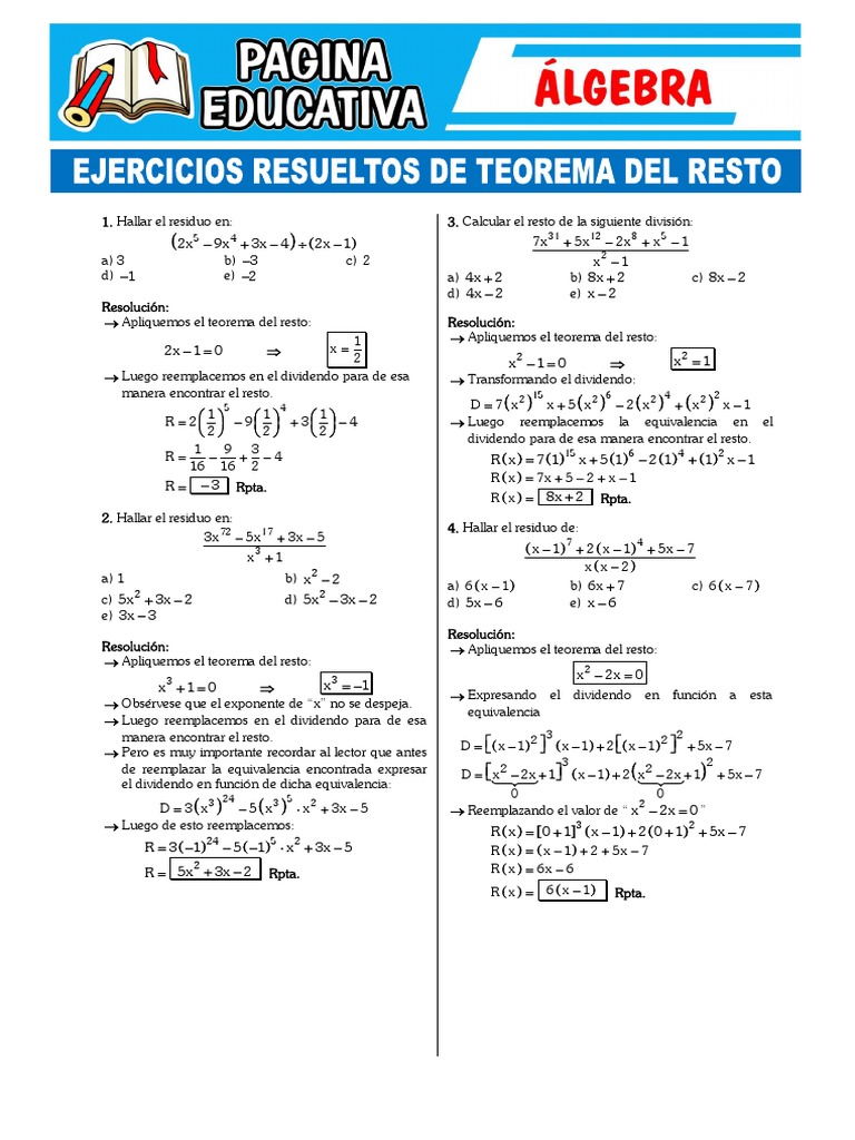 Ejercicios Resueltos de Teorema Del Resto Pagina Educativa | PDF