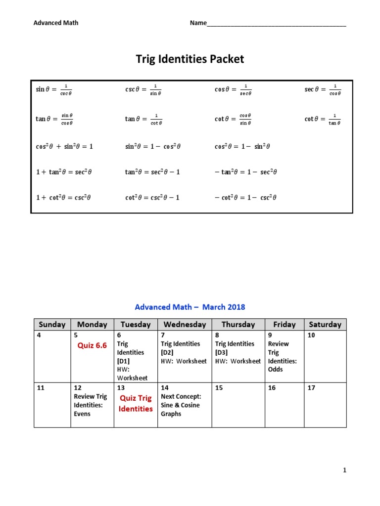 Trig Identities Notes and HW Packet March 2018 | PDF | Trigonometric ...