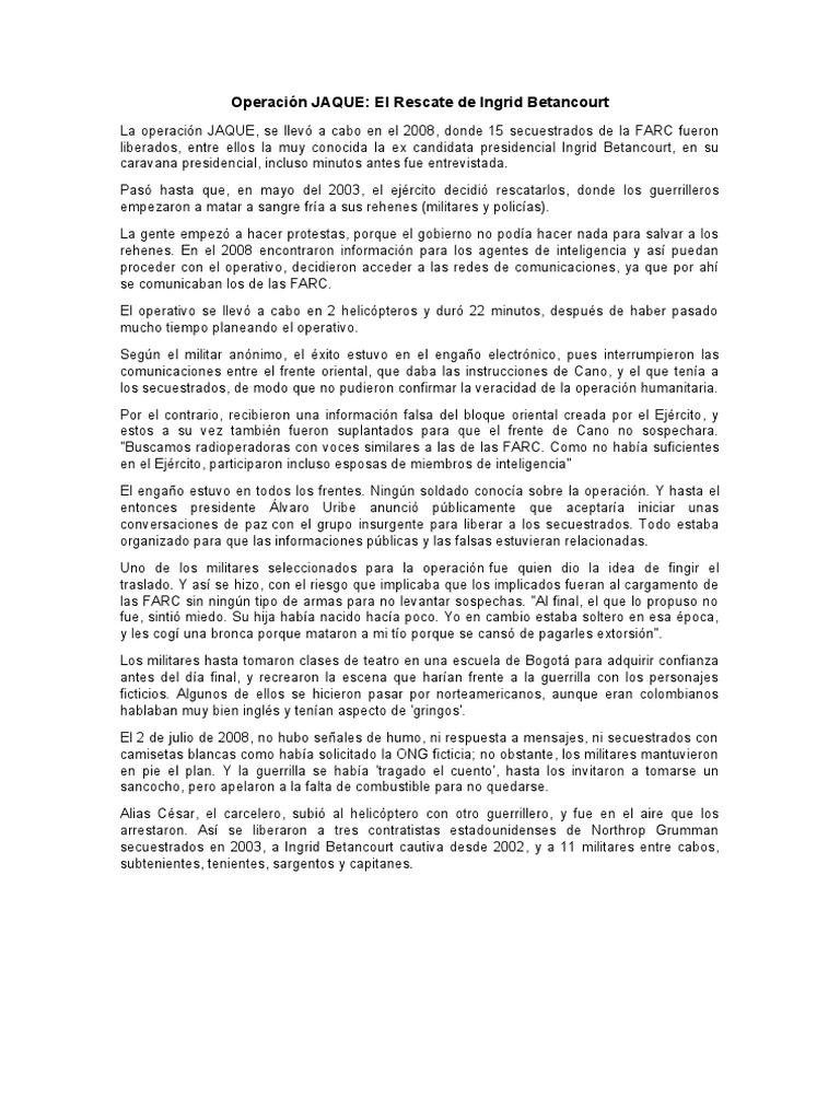 Operación Jaque: Rescate de Ingrid Betancourt | PDF | Militar