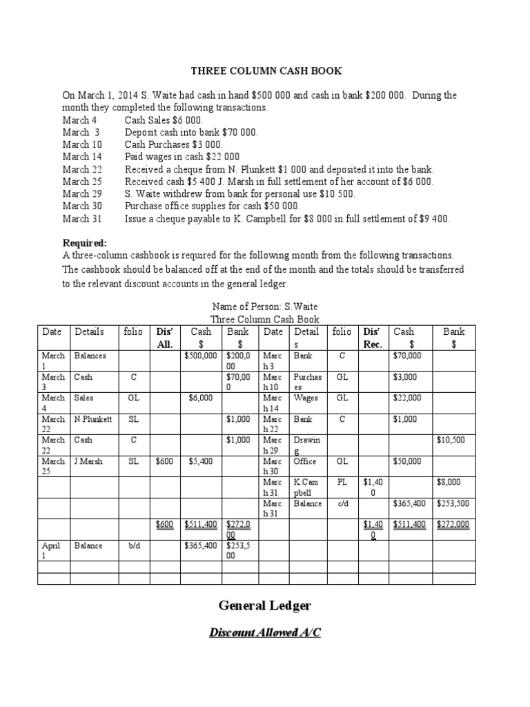 Three Column Cash Book: General Ledger | PDF | Banks | Cheque