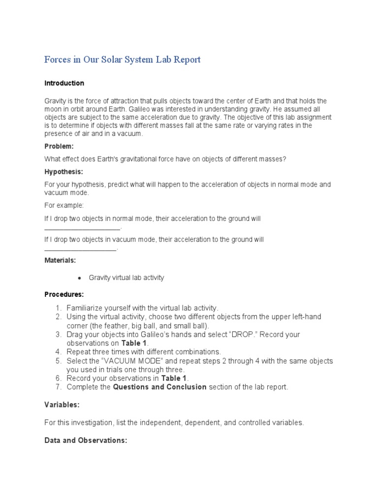 Forces in Our Solar System Lab Report: Problem: Hypothesis | PDF ...
