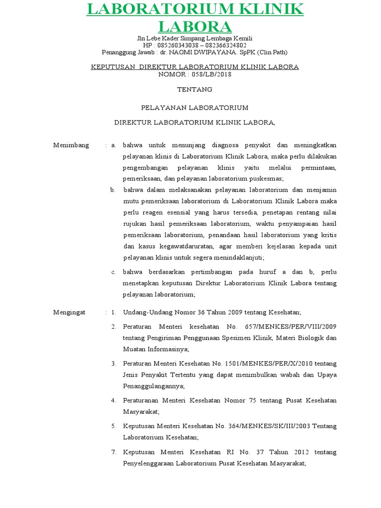 SK Pelayanan Laboratorium | PDF