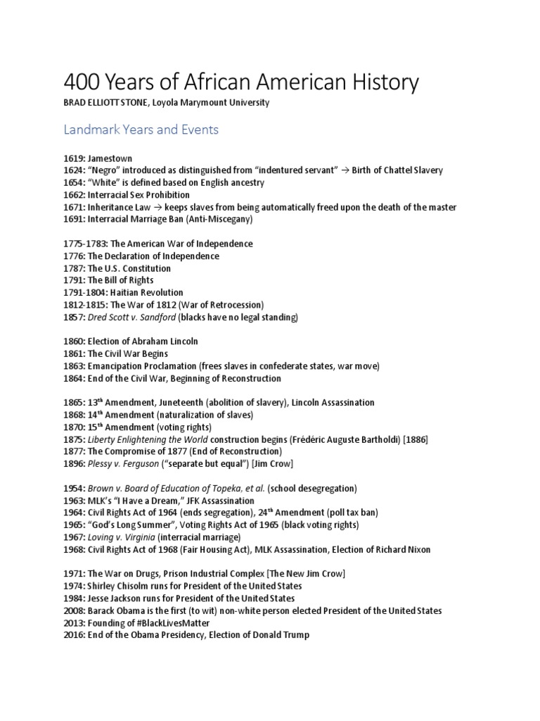 400 Years of African American History: Landmark Years and Events | PDF ...