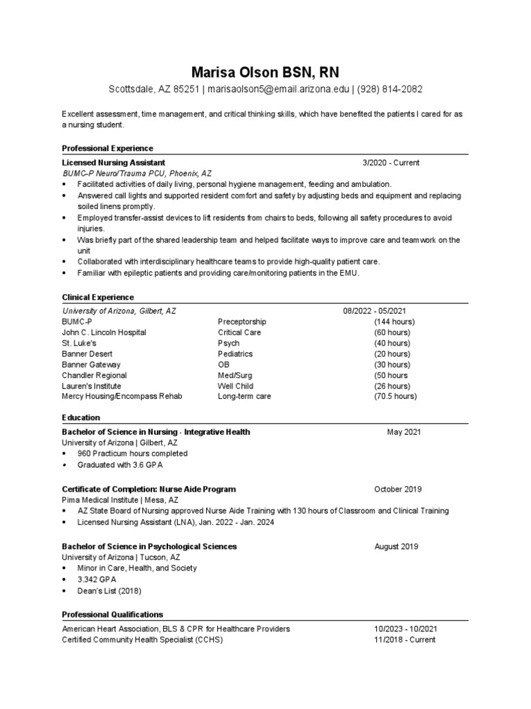Marisa Olson, BSN, RN - Nursing Resume | PDF | Nursing | Patient