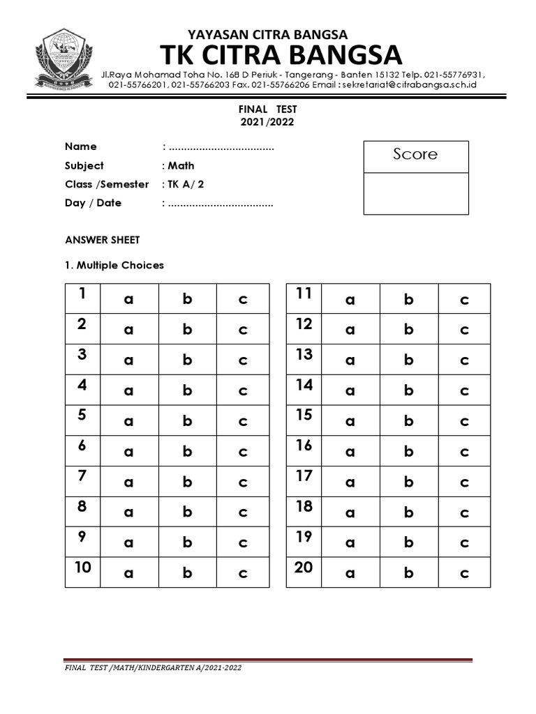 Answer Sheet PAT Math | PDF