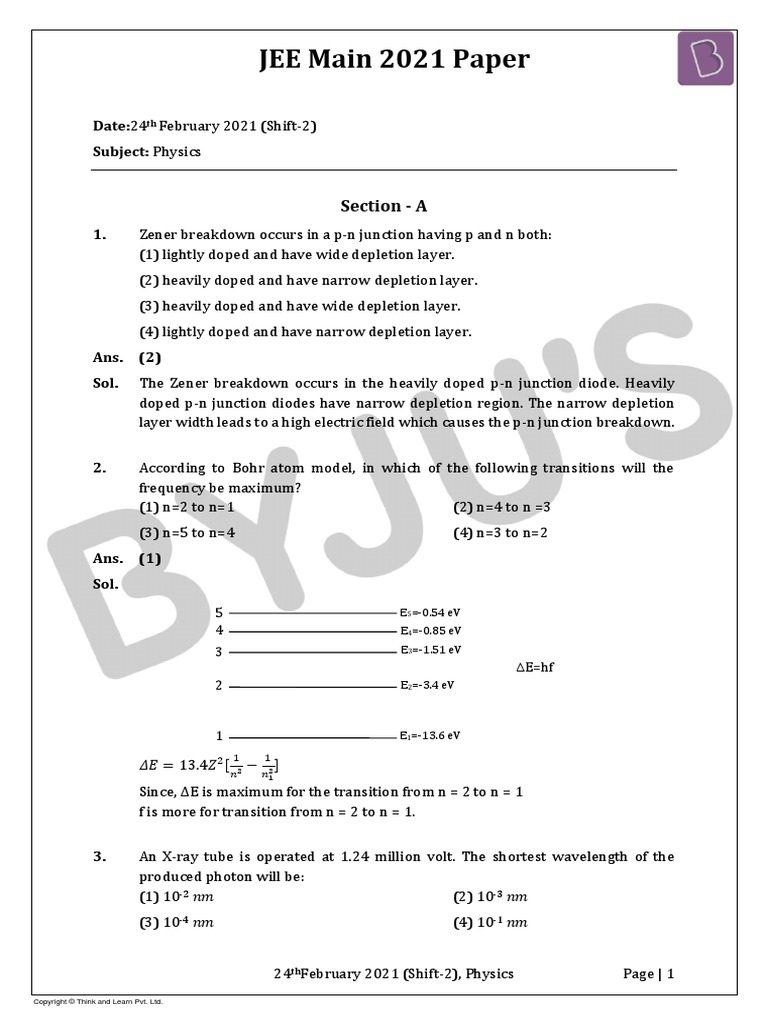 JEE Main 2021 Question Paper Physics Feb 24 Shift 2 | PDF | Magnetism ...