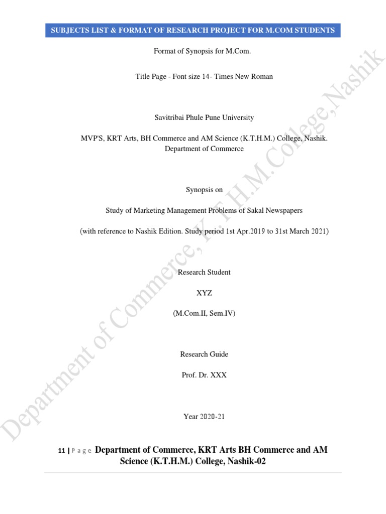 Subjects List & Format of Research Project For M.com Students | PDF ...