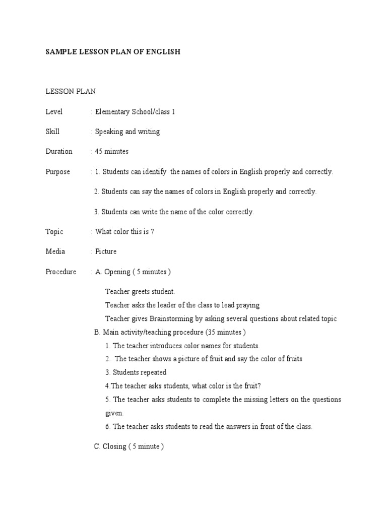 Sample of Lesson Plan | PDF | Color | Lesson Plan