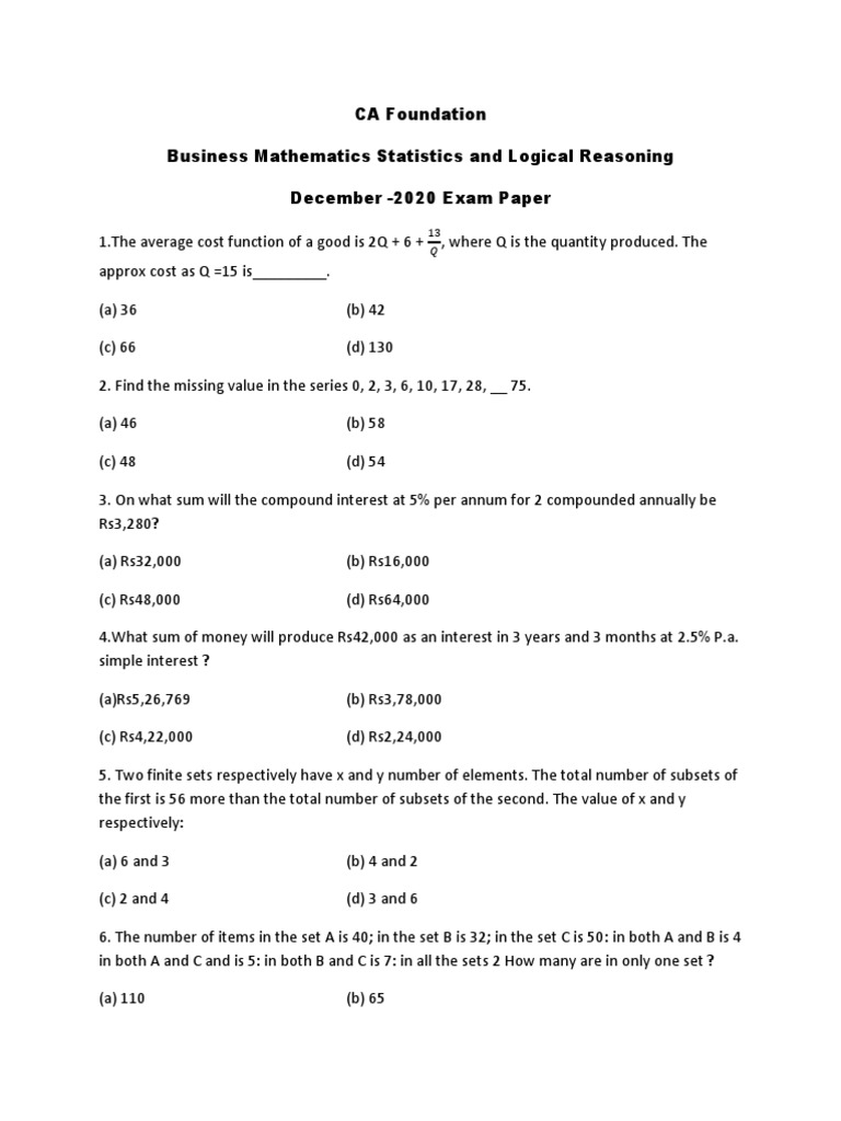 CA Foundation Business Mathematics Statistics and Logical Reasoning ...