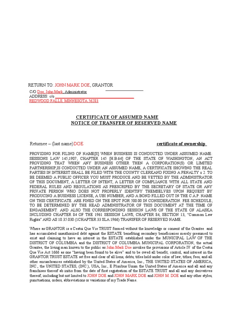 Certificate of Assumed Name Template | PDF | Notary Public | Trust Law