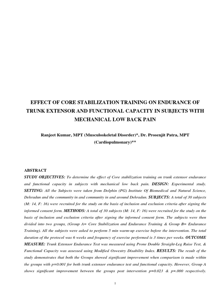 Effect of Core Stabilization Training On Endurance of Trunk Extensor ...