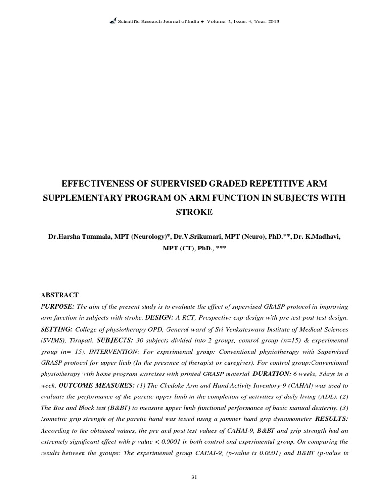 Effectiveness of Supervised Graded Repetitive Arm Supplementary Program On Arm Function in ...