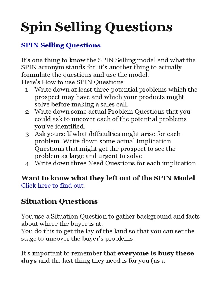 Spin Selling Questions | Download Free PDF | Sales | Turnover (Employment)