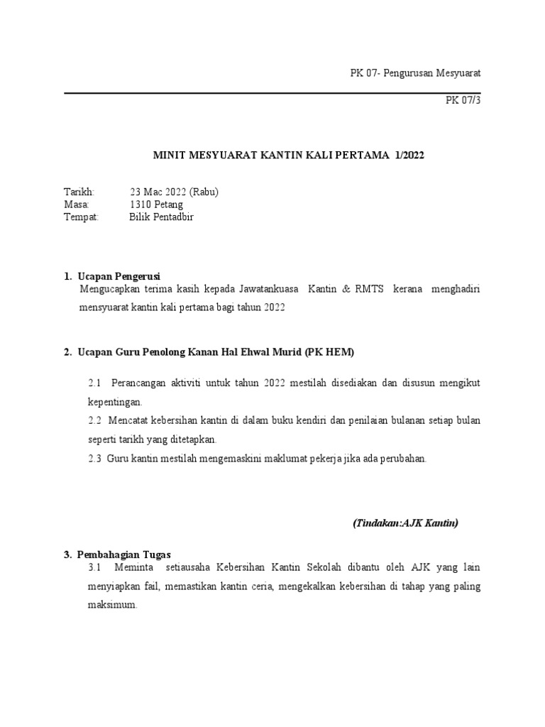 Minit Mesyuarat Kantin Kali Pertama 2022 | PDF