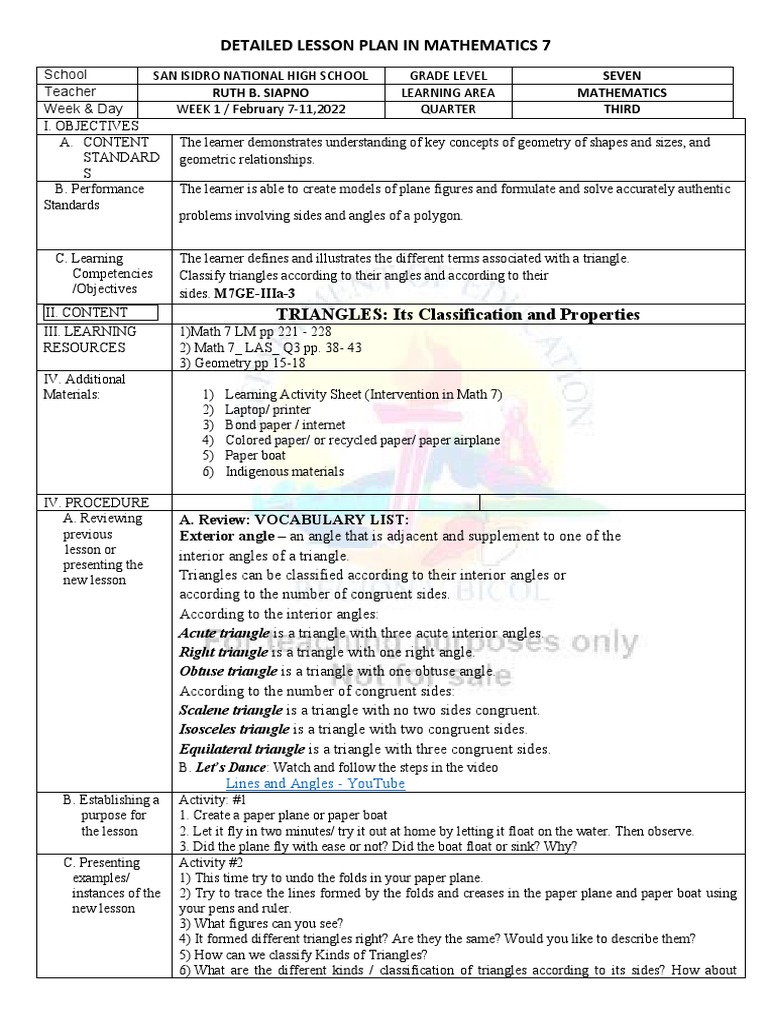 Grade 7 Math Lesson Plan: Triangles & Graphs | PDF | Triangle | Mathematics