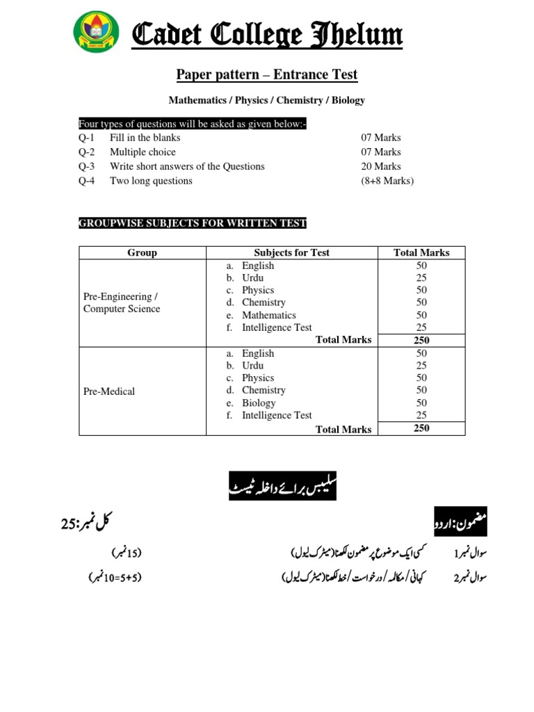 Cadet College Jhelum: Paper Pattern - Entrance Test | PDF | Chemistry ...