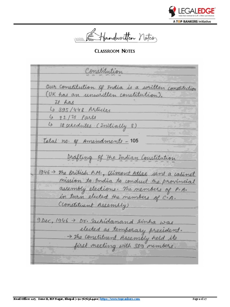 Handwritten Indian Constitution Notes by LE | PDF