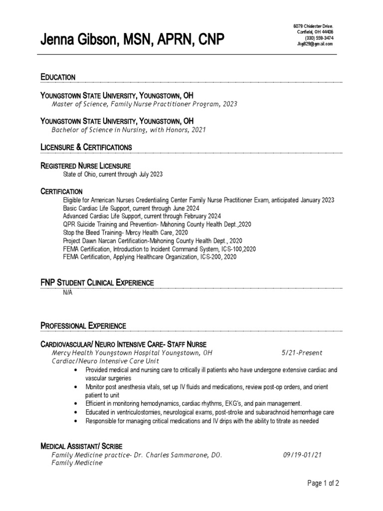 FNP Resume Jenna Gibson 2022 | PDF | Nursing | Nurse Practitioner