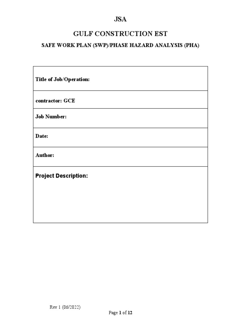 JSA Gulf Construction Est: Safe Work Plan (SWP) /phase Hazard Analysis ...