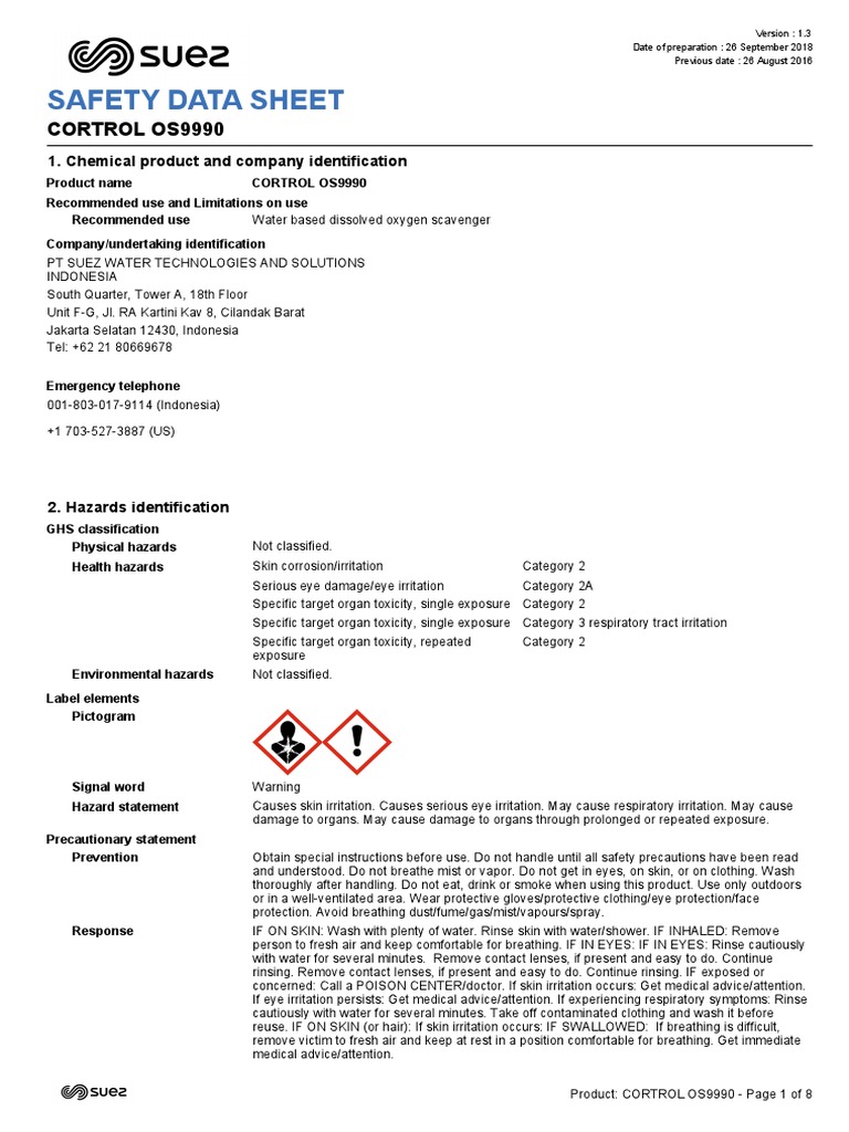 Safety Data Sheet: Cortrol Os9990 | PDF | Firefighting | Toxicity