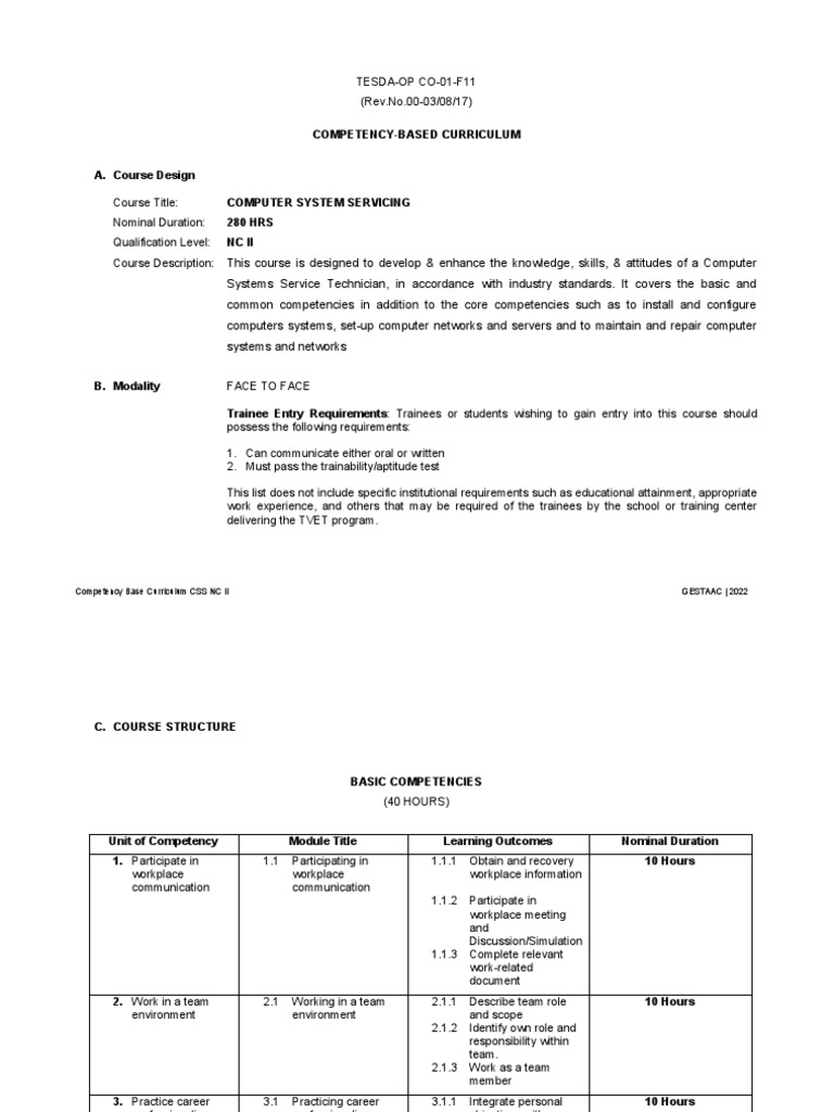 Competency-Based Curriculum A. Course Design Computer System Servicing ...