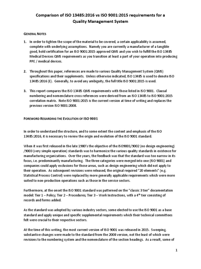 ISO 13485 Vs ISO 9001 - Clause Comparison | PDF | Quality Management ...