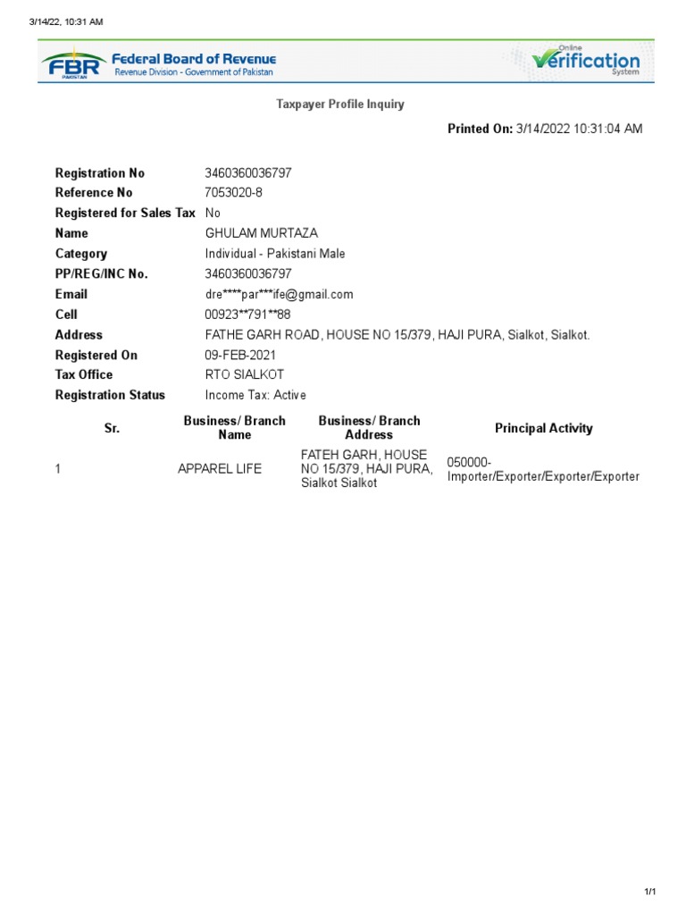 Taxpayer Profile Inquiry | PDF