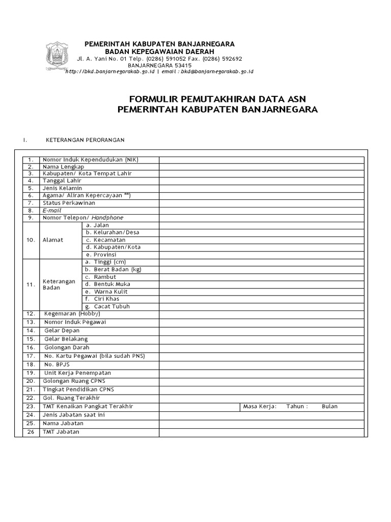 Formulir Pemutakhiran Data ASN Banjarnegara | PDF