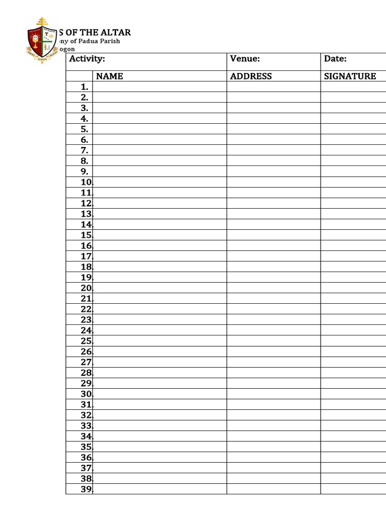 Altar Servers Attendance Form | PDF